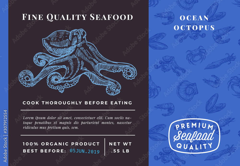 Premium Quality Seafood Abstract Vector Octopus Packaging Design or ...
