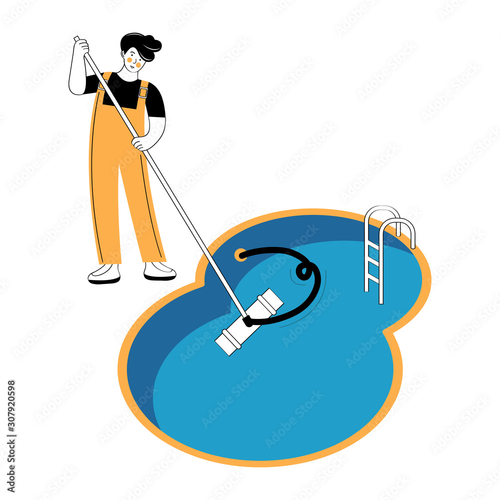 Swimming pool service worker with net cleaning water. Pool and outdoor ...