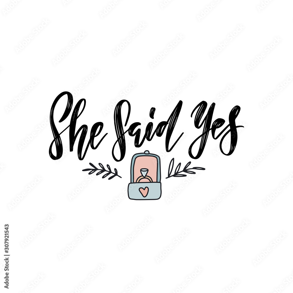 Bridal greeting card with marriage accessories and text: she said yes ...