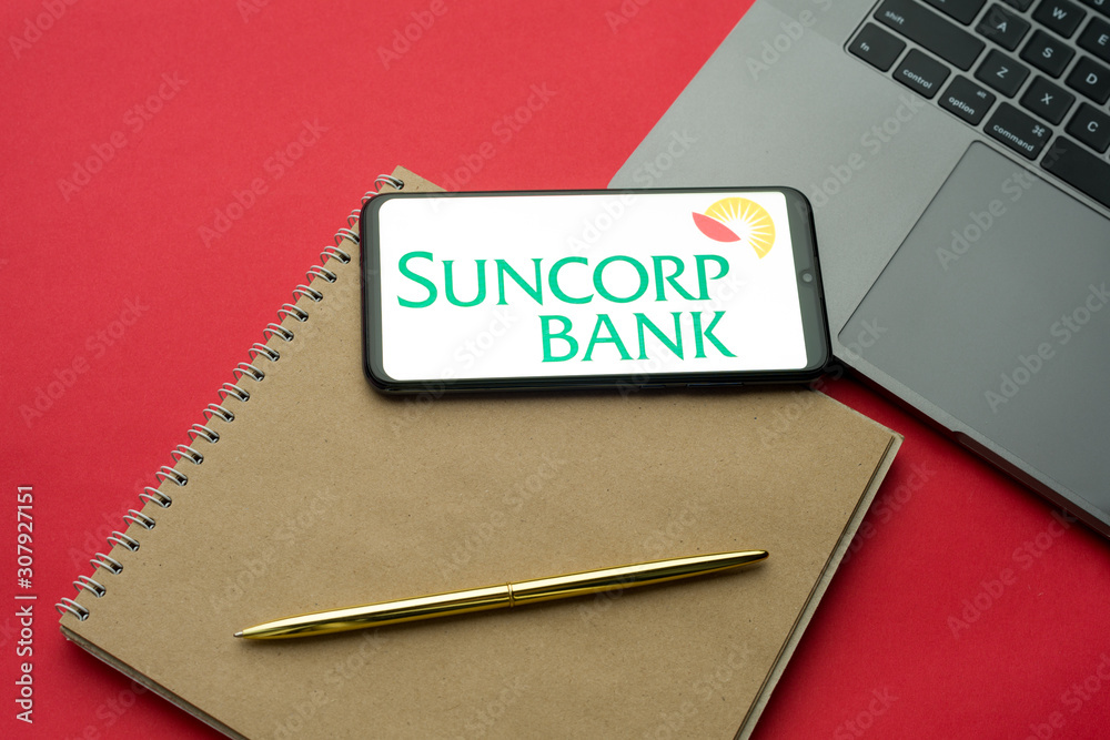 Tula, Russia - 06 december 2019: Suncorp bank logo visible on display ...