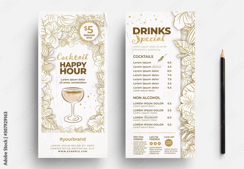 Cocktail Menu Flyer Layout with Elegant Floral Elements Stock Template ...