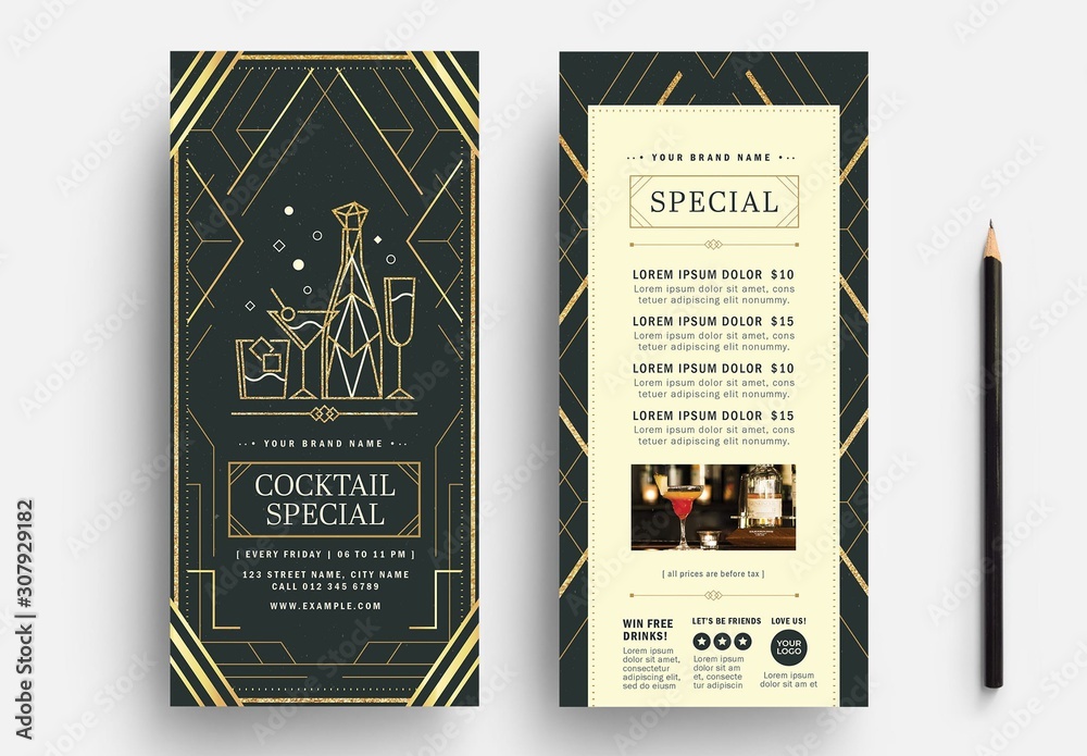 Art Deco Menu Flyer Layout in Gold & Black Stock Template | Adobe Stock