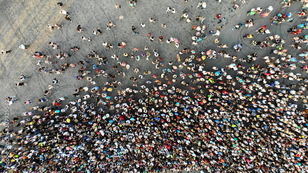 Aerial. Hundreds of people. Crowd of people top view from drone. Stock ...