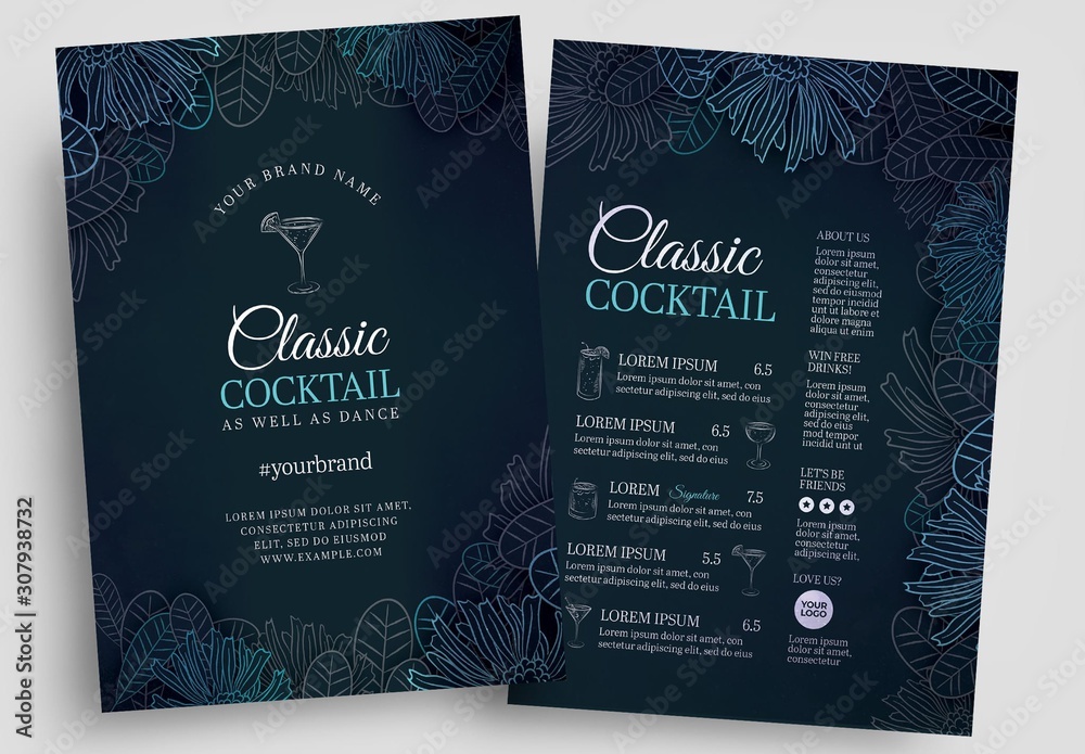 Cocktail Menu Flyer Layout with Elegant Illustrations สต็อกเทมเพลต ...