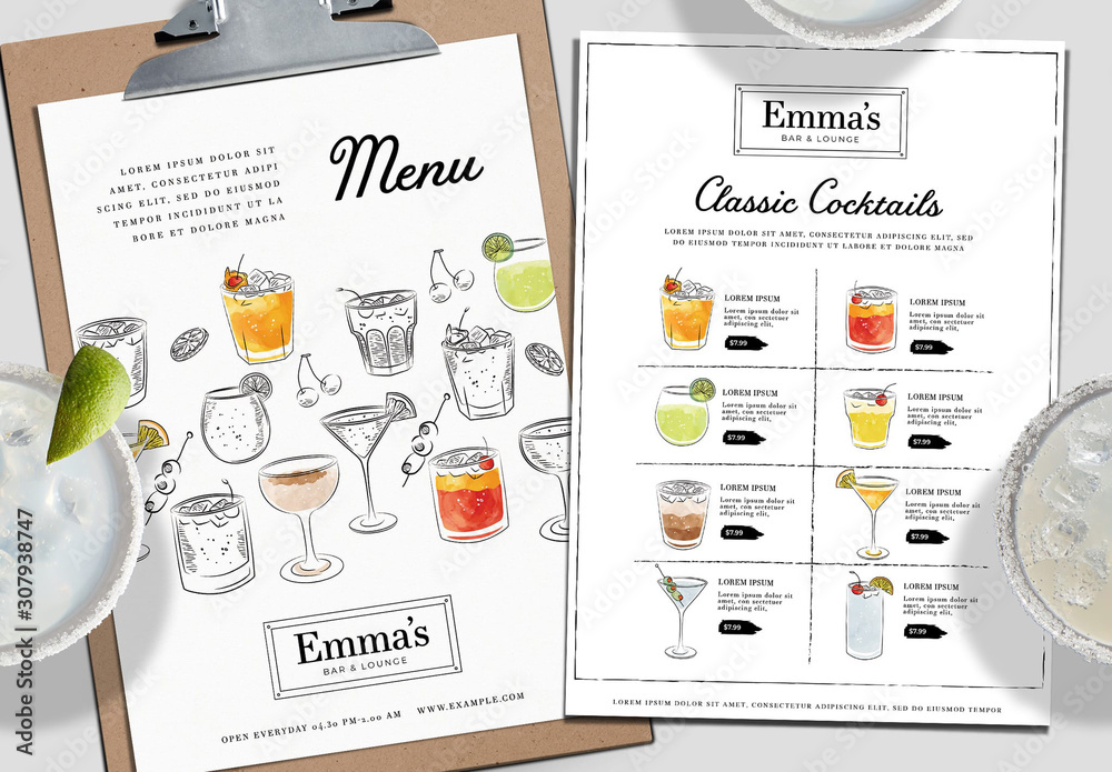 Cocktail Menu with Watercolor Illustrations Stock Template | Adobe Stock