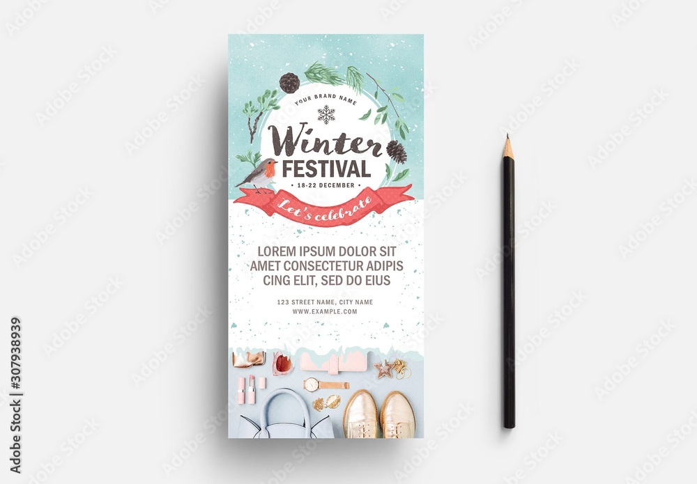 Winter Festival Flyer Layout with Snowy Scene Stock Template | Adobe Stock