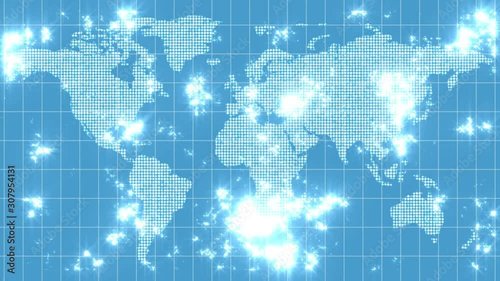 Glow Map. Artistic interpretation of world map on light blue background with diamond glitter ...
