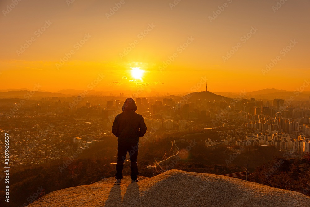 Shadow Man Standing Silhouette on background of Sunrise Sky Stock Photo ...