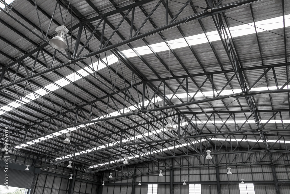 Warehouse metal roofing, Large steel roof structure, bottom view with ...