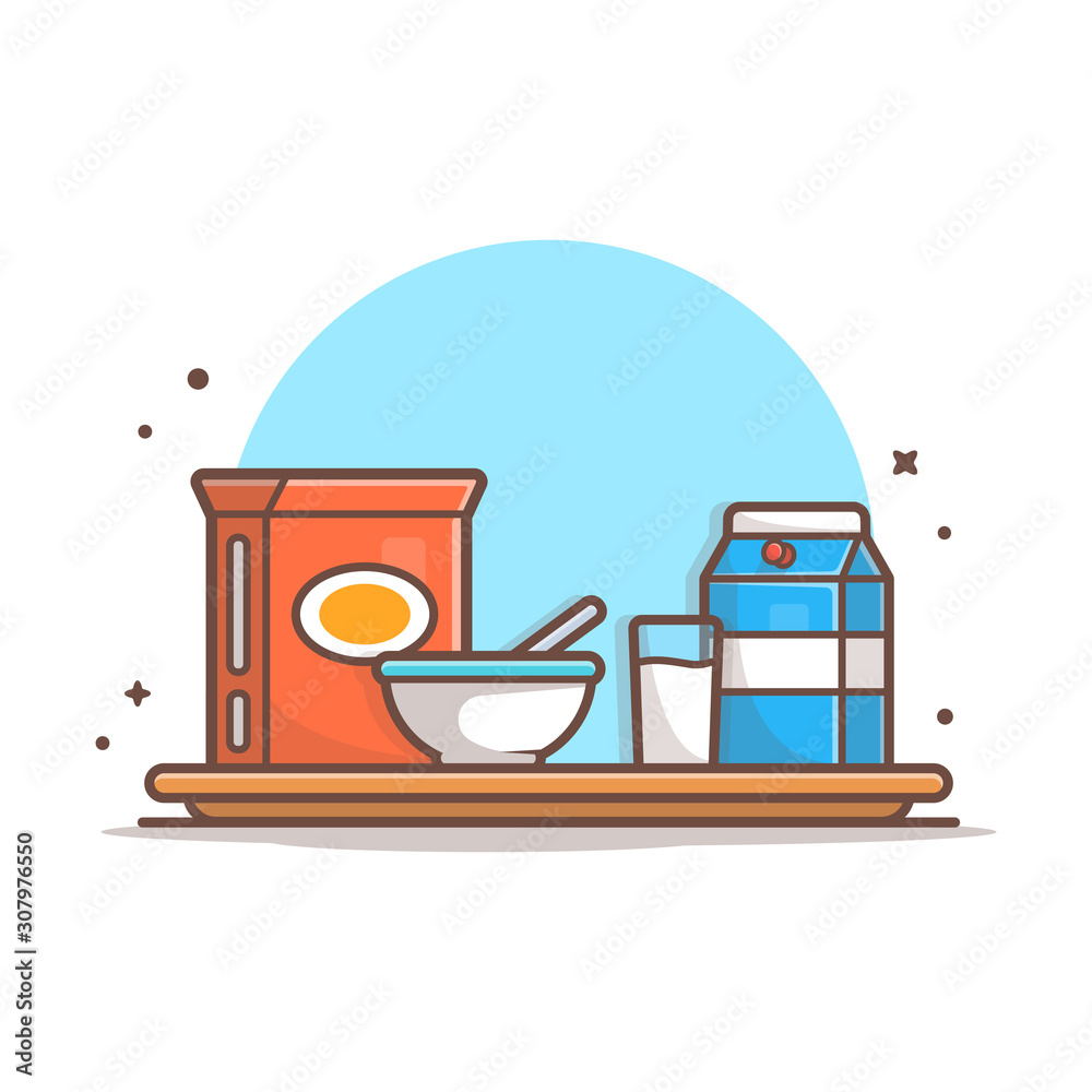 Breakfast Time with Cereal and Glass of Vanilla Milk Vector ...