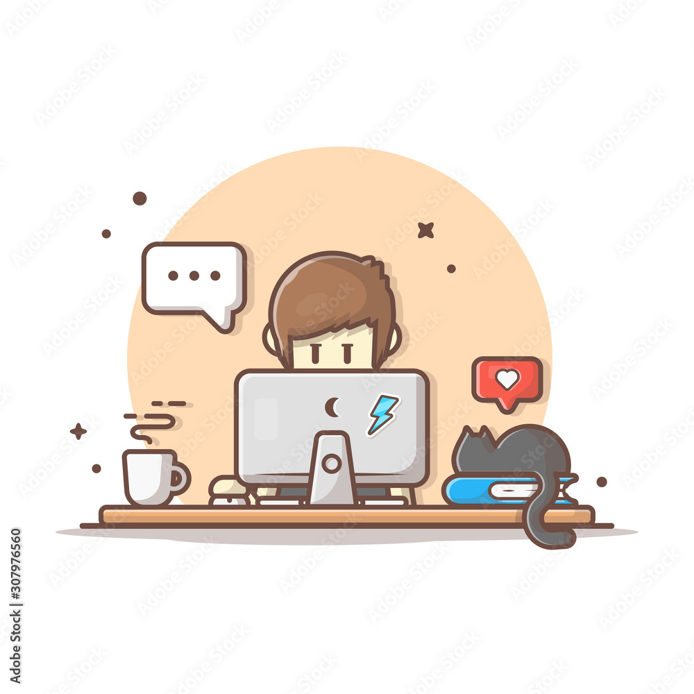 People Working on Computer with Hot Coffee, Cat and Book Vector ...
