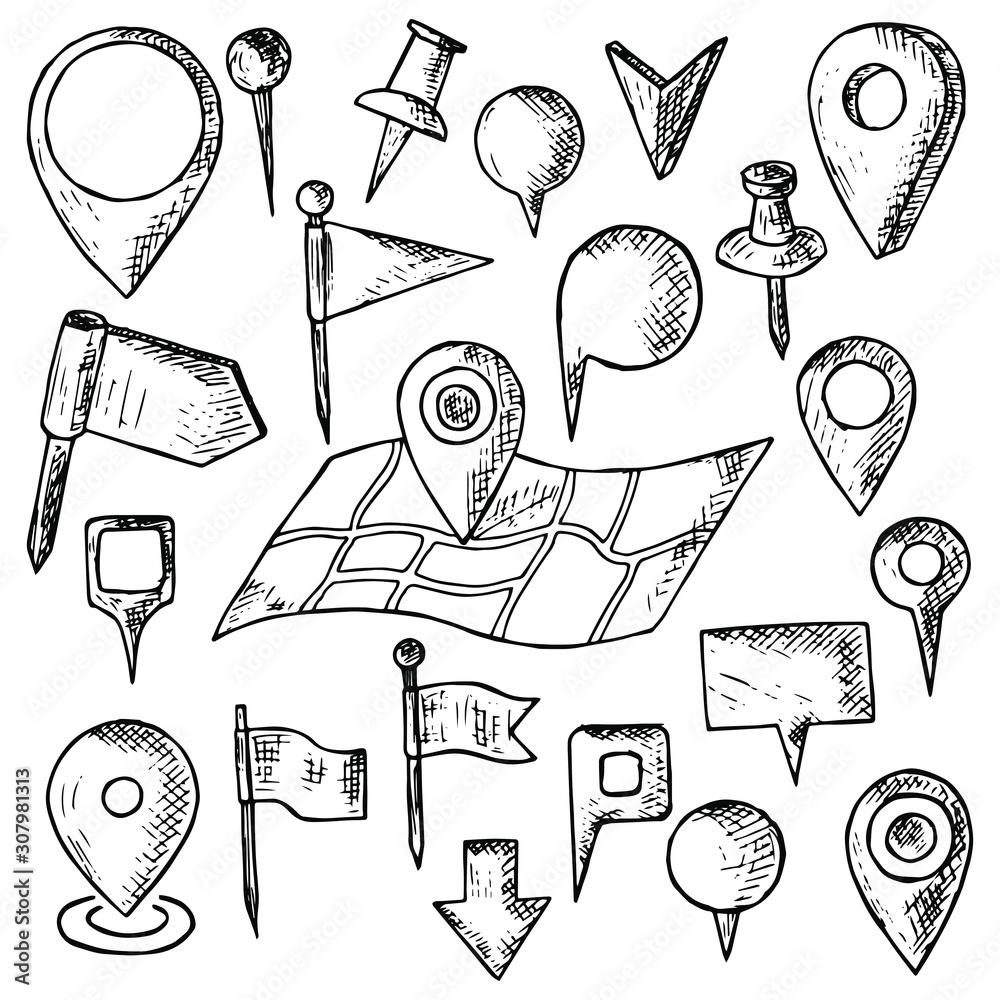 Hand-drawn set of map pins. Isolated objects on a white background ...