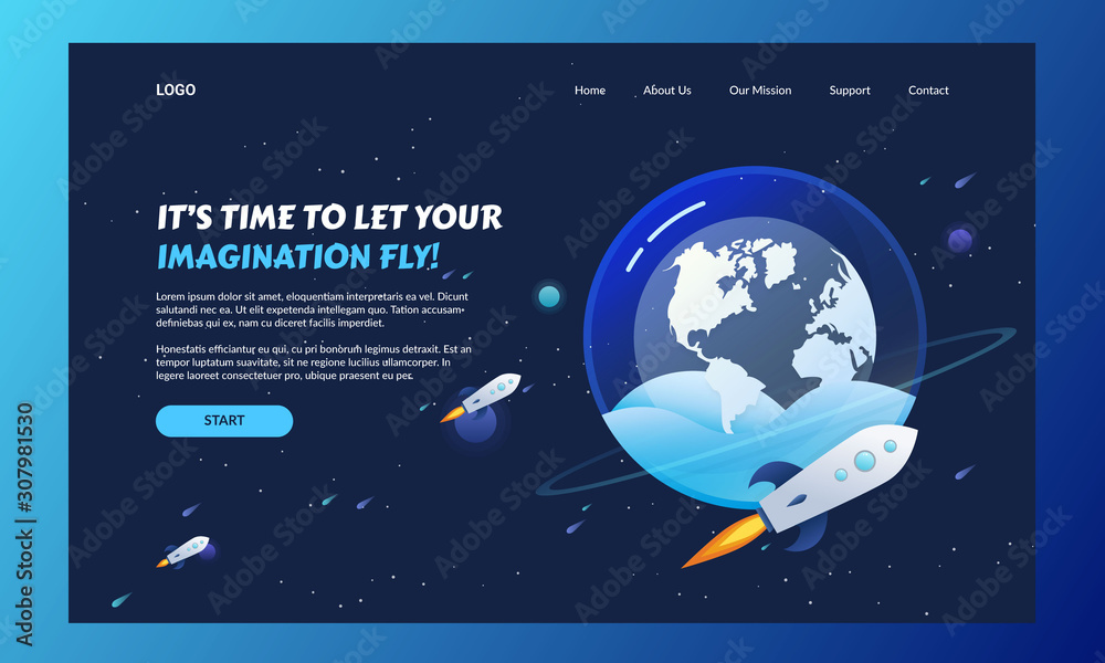 Cartoon outer space concept with world map & rocket - creative ...