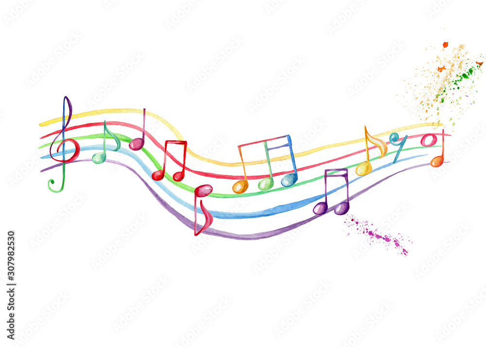 Watercolor rainbow stave with musical notes, treble clef and splashes ...