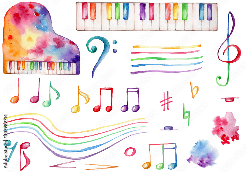 Watercolor musical set rainbow piano, colorful notestreble and bass ...
