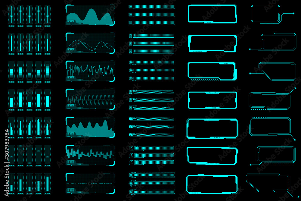 HUD Virtual Futuristic Call Out Equalizer Frame Infographic Chart Elements Set Vector. Green ...