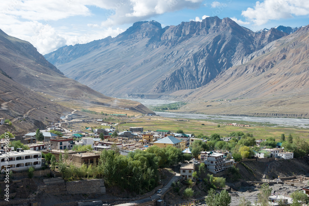 Himachal Pradesh, India - Sep 02 2019 - Kaza town view from Sakya Kaza ...