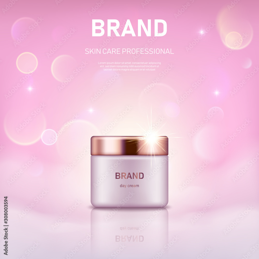 Realistic cream jar with golden lid on pastel pink background with ...