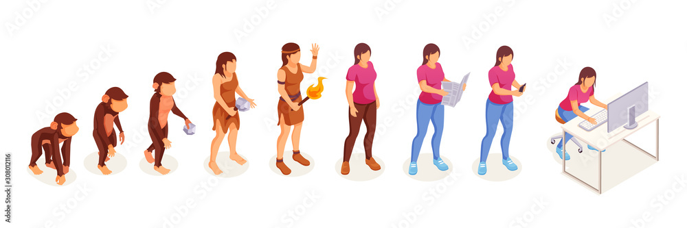 Human evolution of monkey to modern woman at computer, vector icons ...