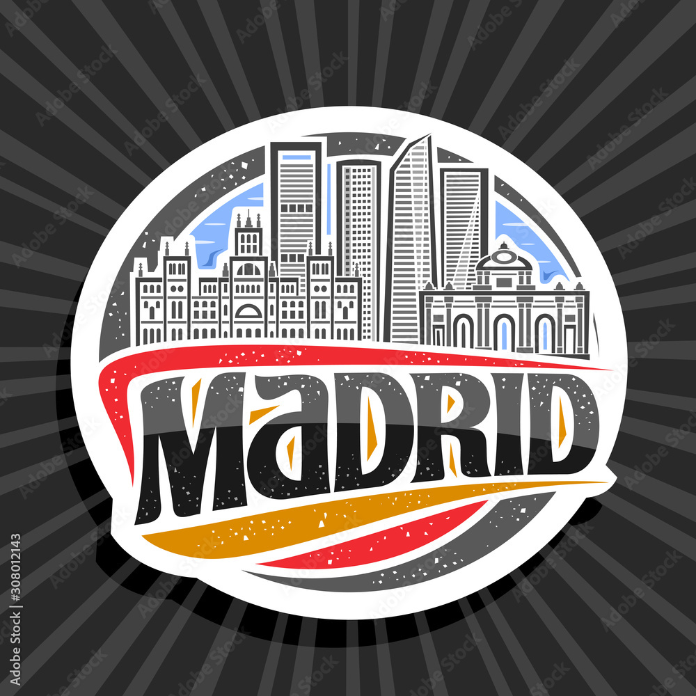 Vector logo for Madrid, round cut paper tag with black and white draw ...