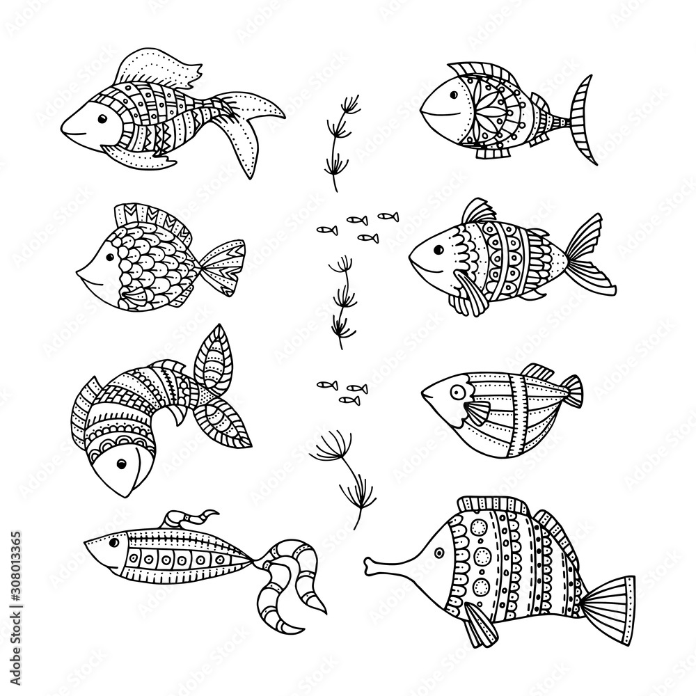 Hand drawn cartoon funny fish set. Cute fish hand drawn black outline ...