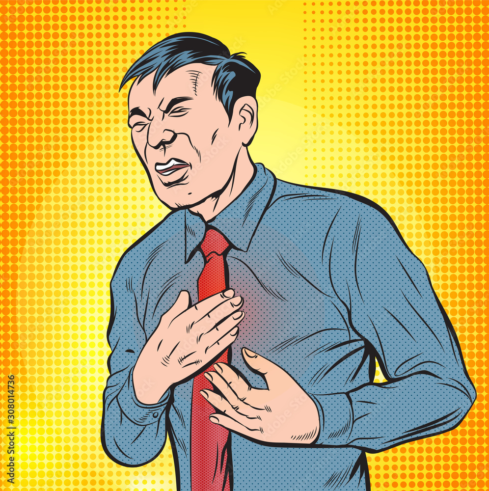 This man hurts his chest.Pop art retro vector illustration vintage ...