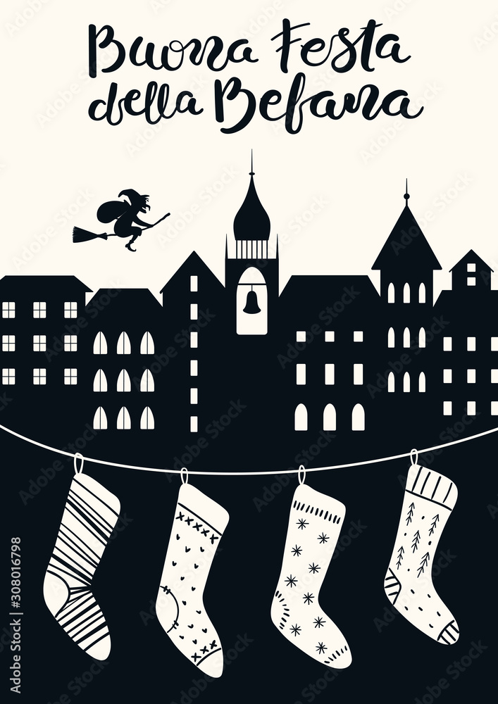 Hand drawn vector illustration with witch Befana flying on broomstick ...