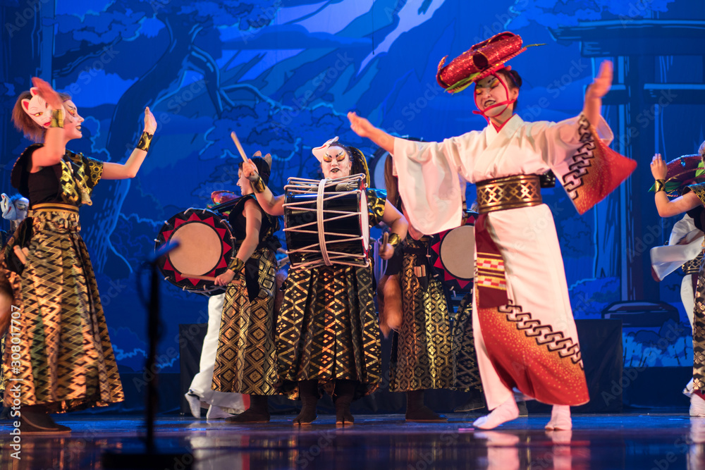 Traditional Japanese performance. Group of actresses in traditional ...