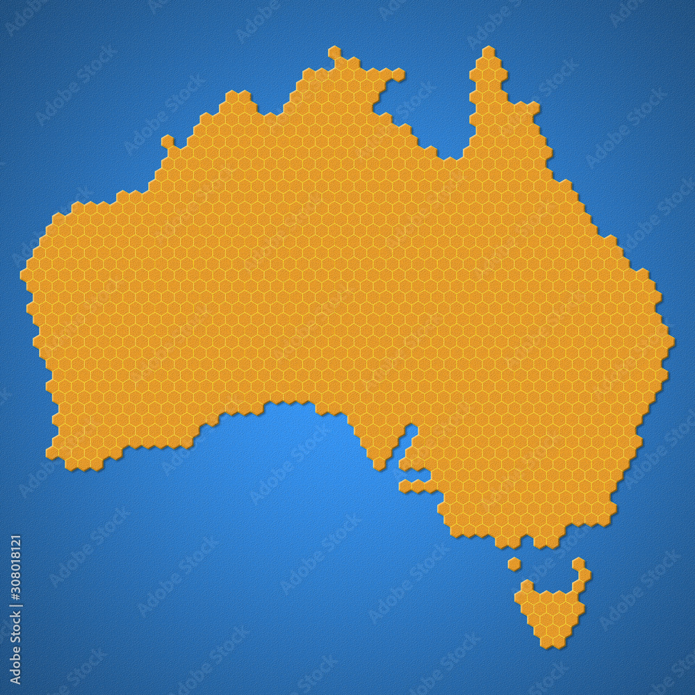 Map of AUS or Australia region continent with honey bee or honeycomb or ...
