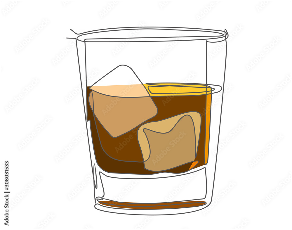 Whiskey in glass with ice continuous one line drawing minimalism design ...