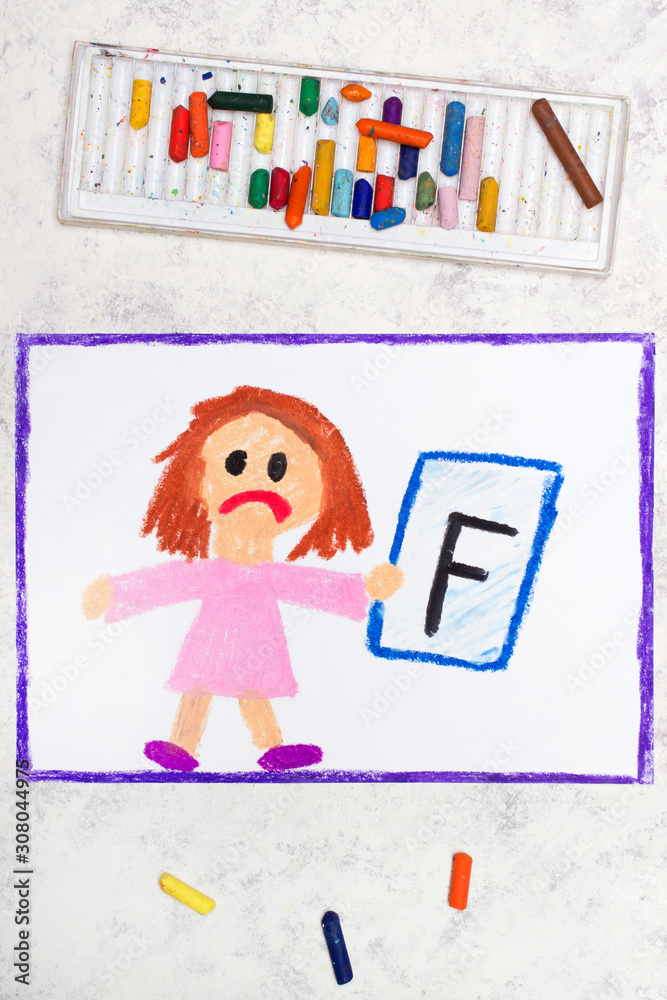 School grades. Sad student with exam or test result. Girl holding ...