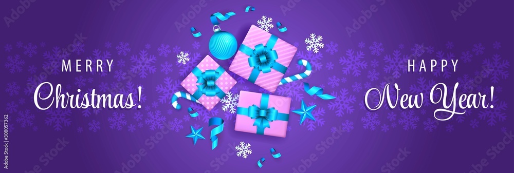 Merry Christmas and Happy New Year purple background card template with ...