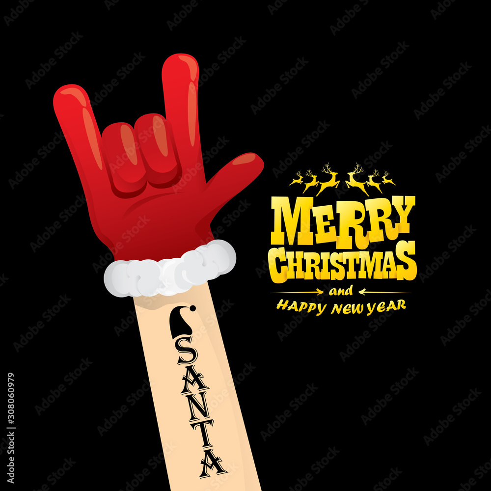 vector cartoon Santa Claus rock n roll style with golden greeting text ...