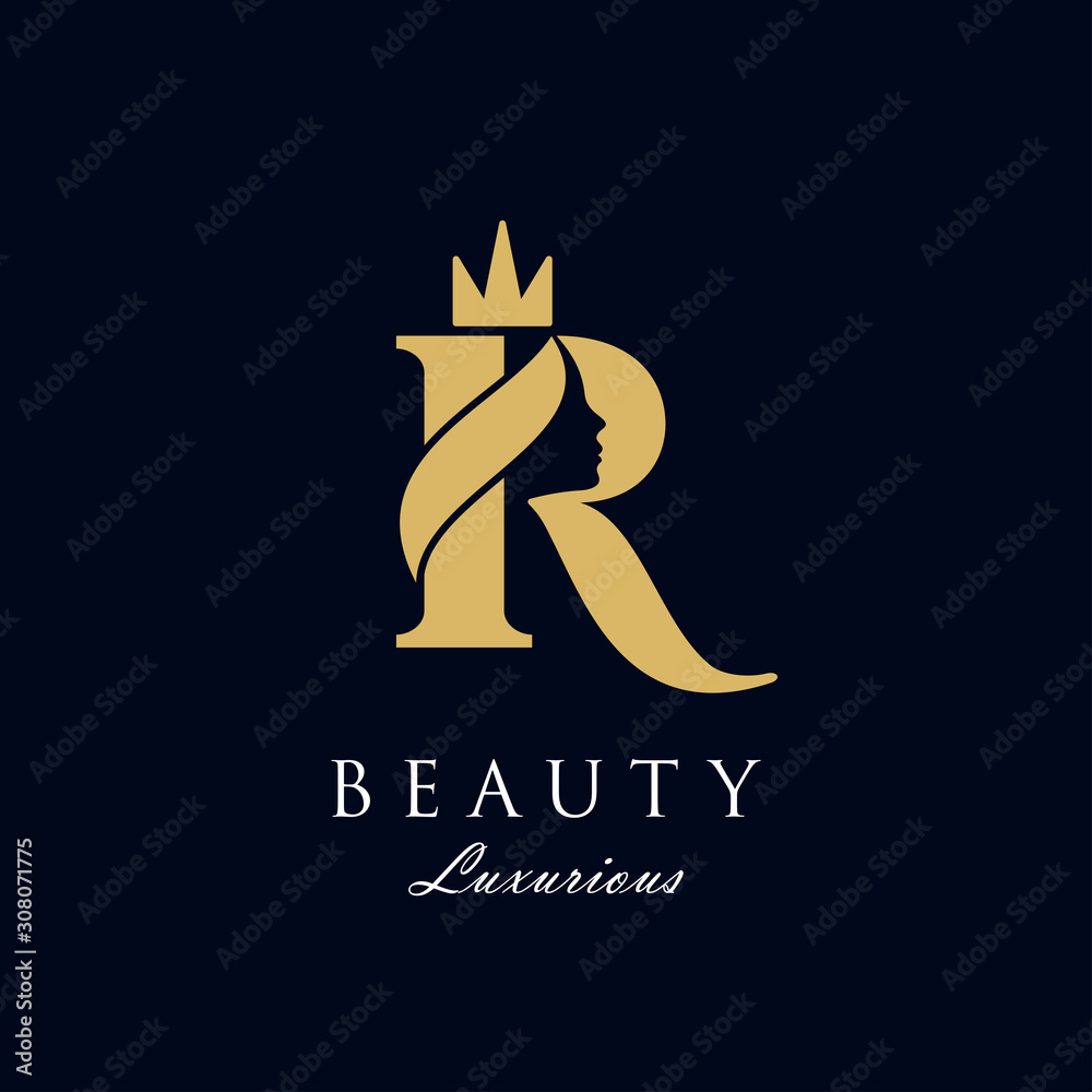 initial R luxury beauty queen woman face with crown logo design vector ...