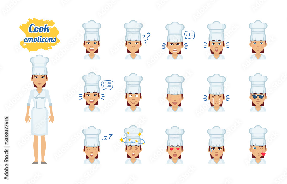 Set of female cook emoticons. Chef emojis showing different facial ...