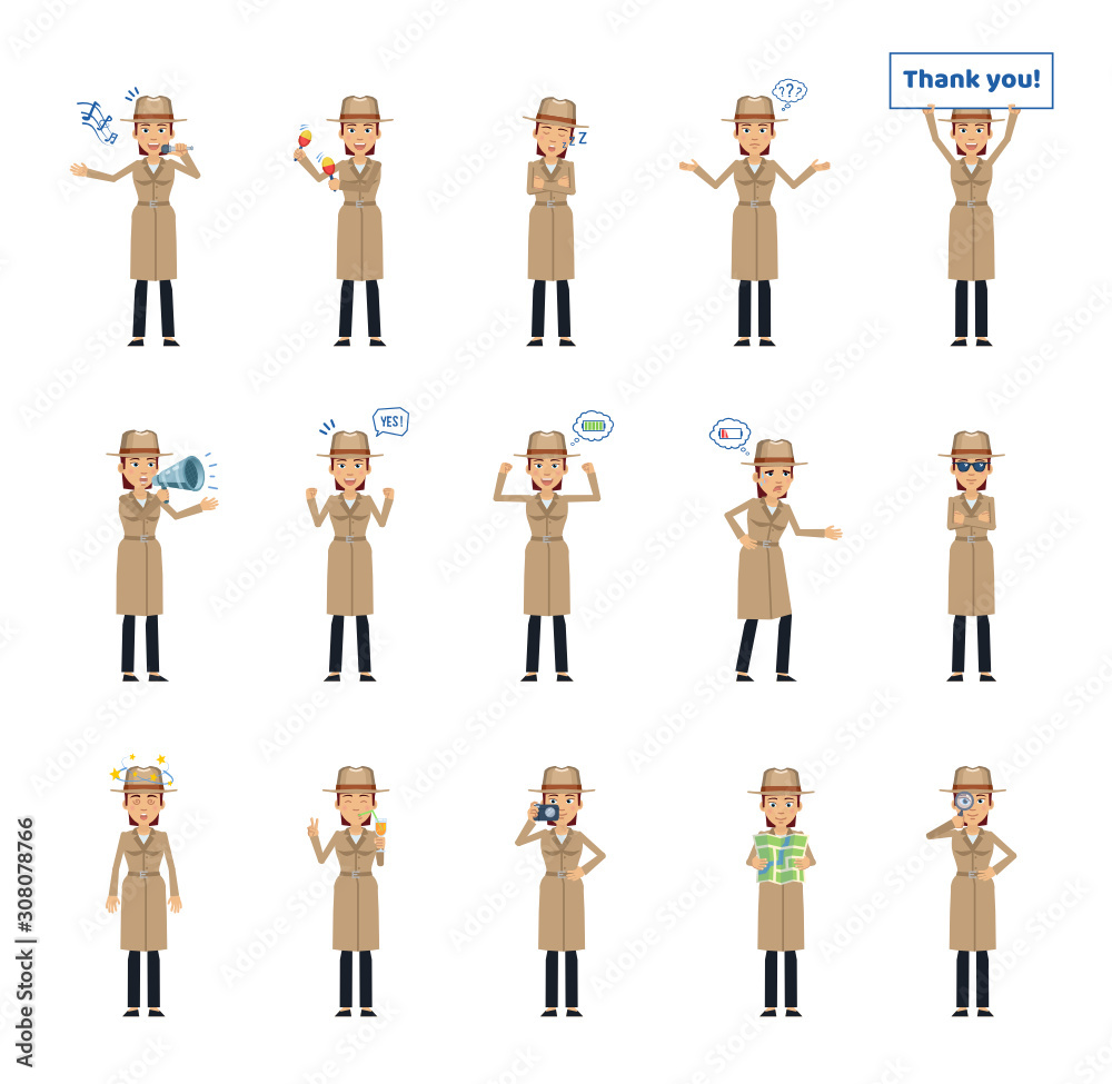 Set of detective woman characters showing different actions, emotions ...