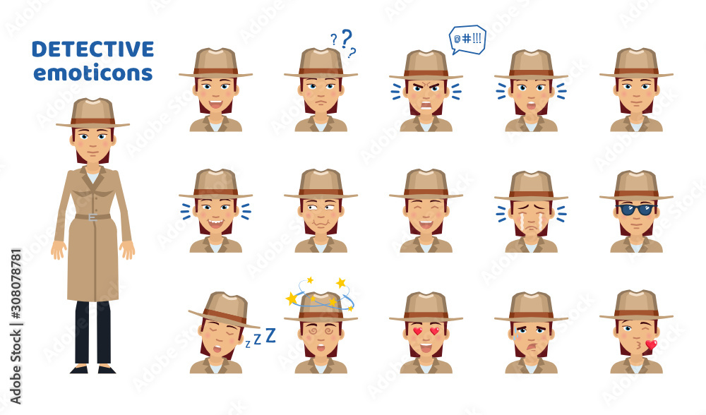Set of detective woman emoticons. Detective avatars showing different ...