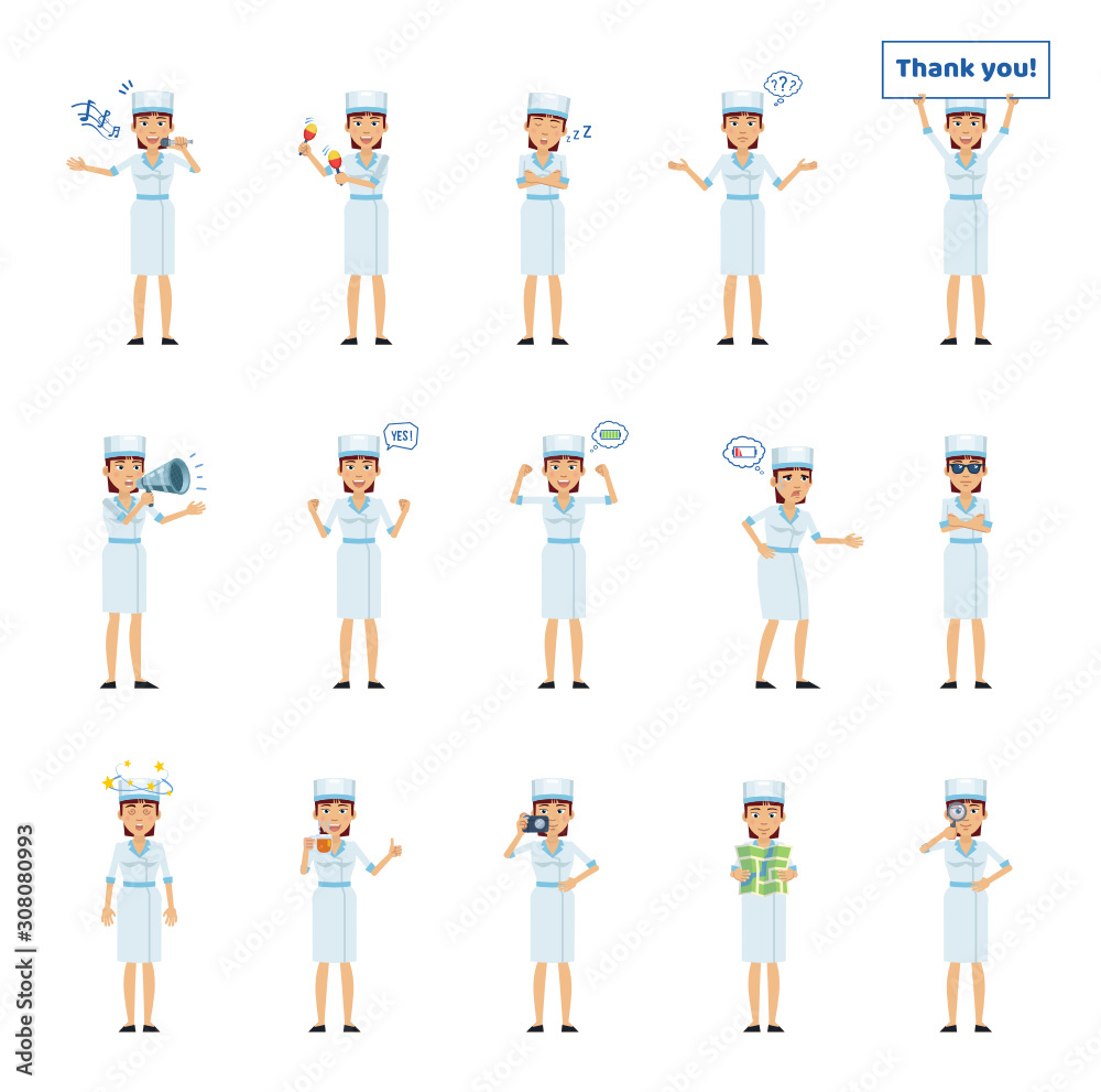 Set of nurse characters showing different actions, emotions. Cheerful ...