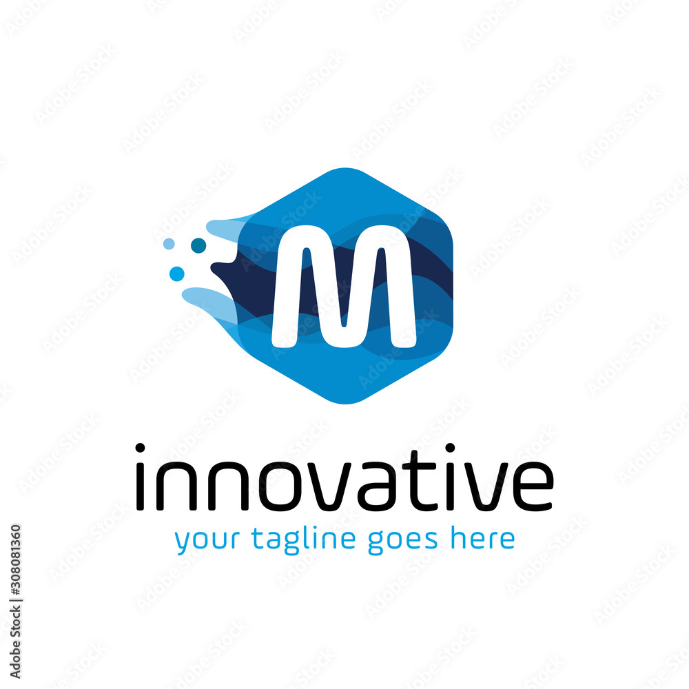 modern letter M technology logo design vector with hexagon and blue ...