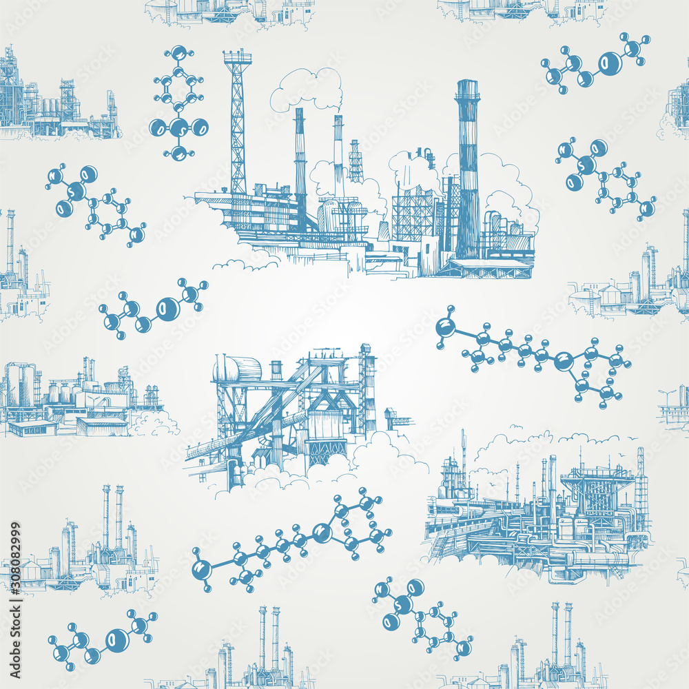 Chemical plant, the production of polymers, hand-drawn Vector seamless ...