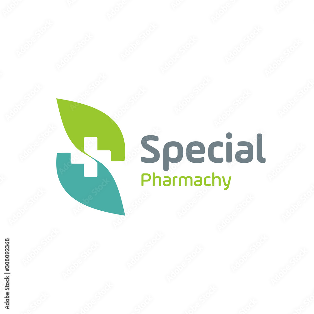 unique pharmacy logo with leaves and cross icon on negative space. eco ...