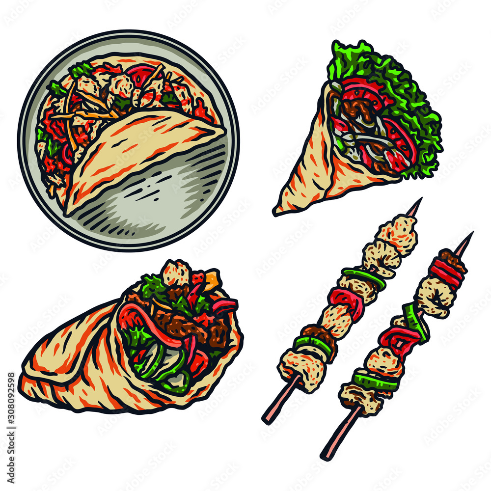Kebab illustration using a hand drawing style continued with digital ...