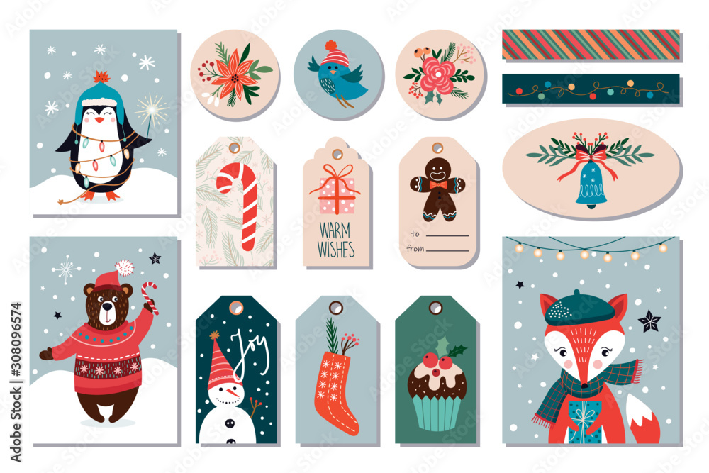 Christmas collection with different tags, labels, greeting cards ...
