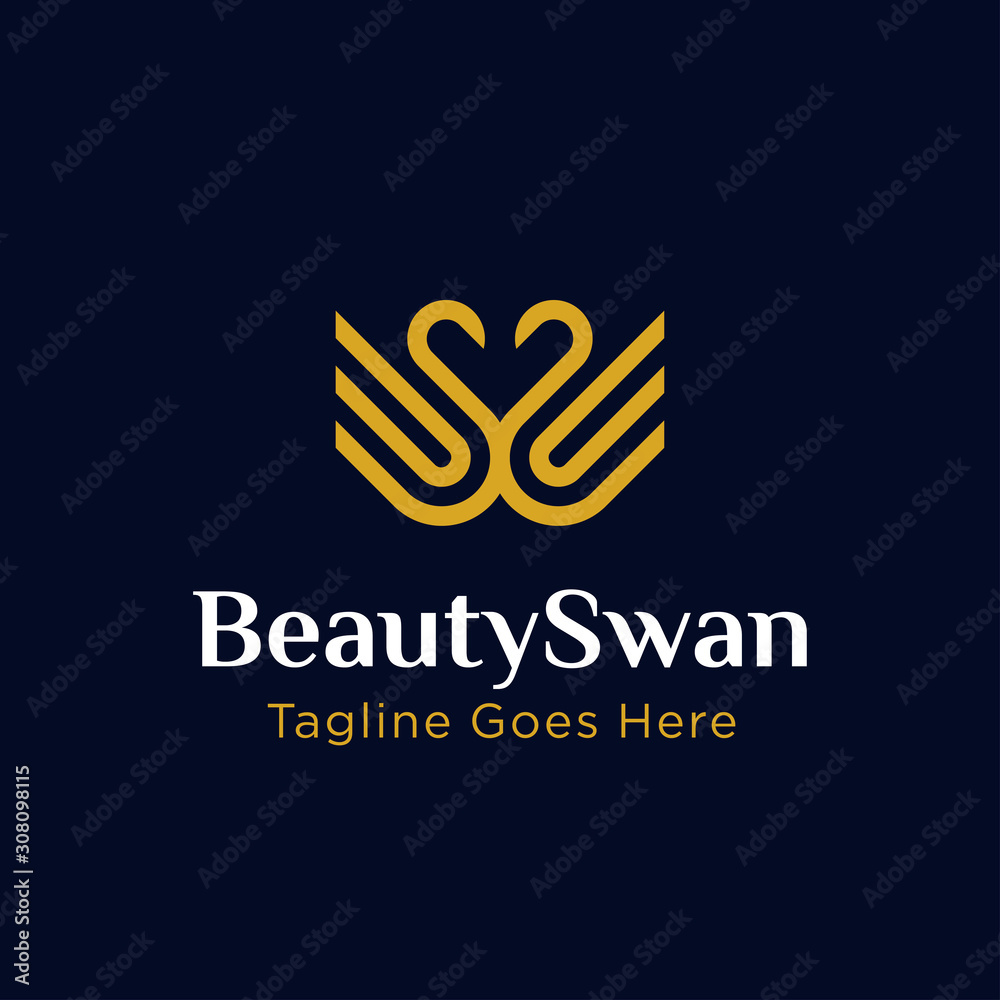 simple luxury golden Swan, two Swans logo with line art concept design ...