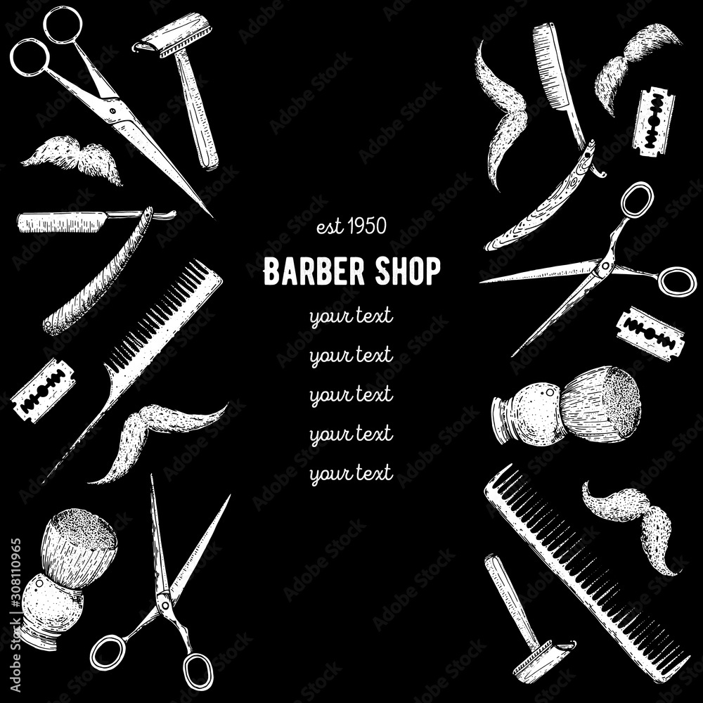 Barber shop hand drawn vector illustration. Engraving label for ...