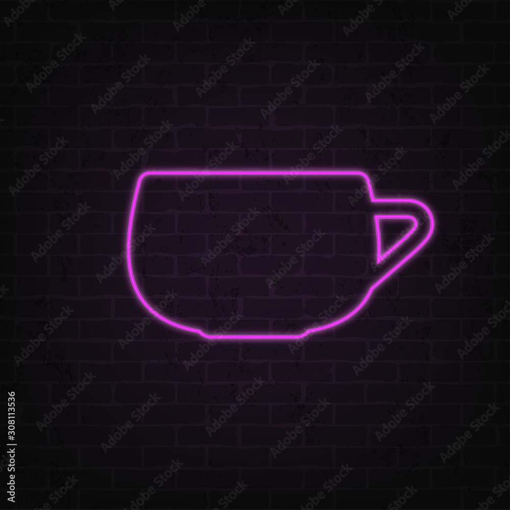 Vector poster of neon light coffee cup on grunge brick wall background ...