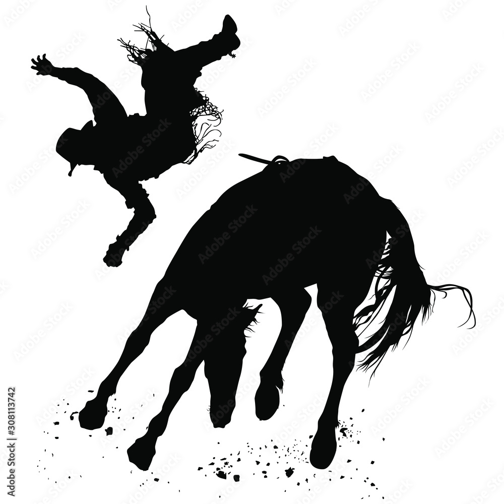 Vector silhouettes of a cowboy falling off of a bucking bronco horse ...