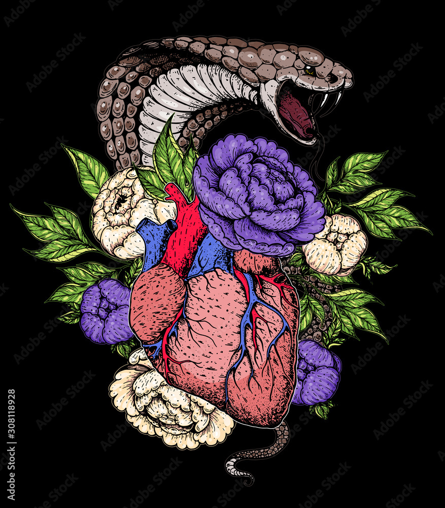 Heart, cobra snake and flower hand drawn. Vintage vector illustration ...