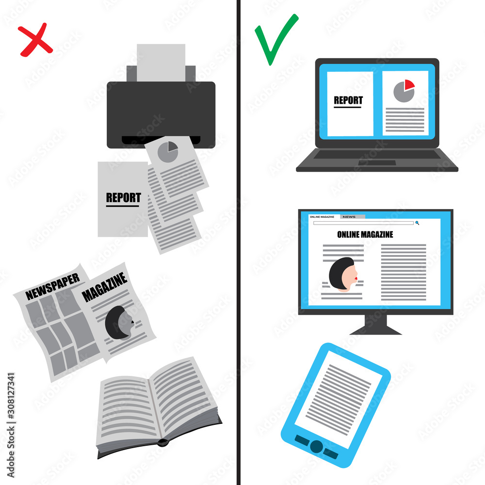 Vector illustration of reducing the consumption of paper.Use electronic ...