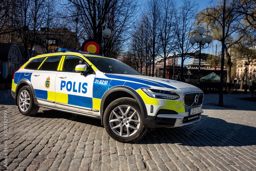 The Swedish police patrolling in a Volvo V90 estate car waiting on a ...